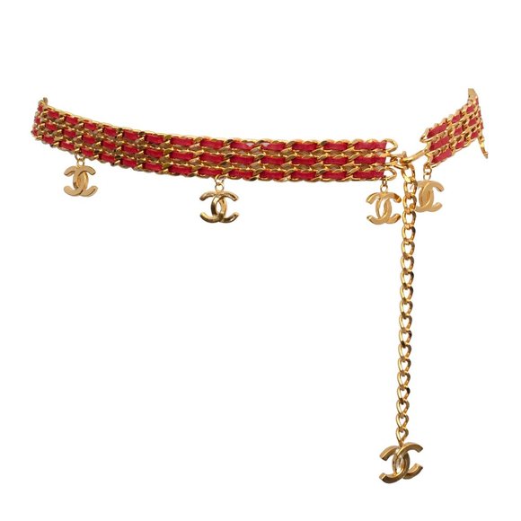 CHANEL | Accessories | Chanel Gold Red Leather Woven Chain Cc Charms ...